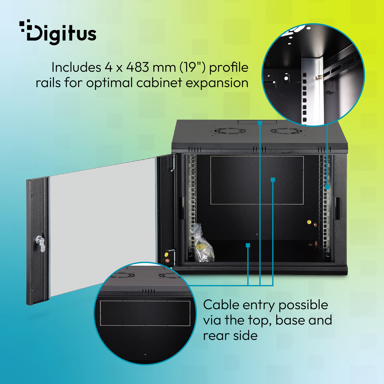 ≡ Шафа DIGITUS 19", 9U, Wall Mounting Dynamic-N, 600x600 мм, 60кг Black ...